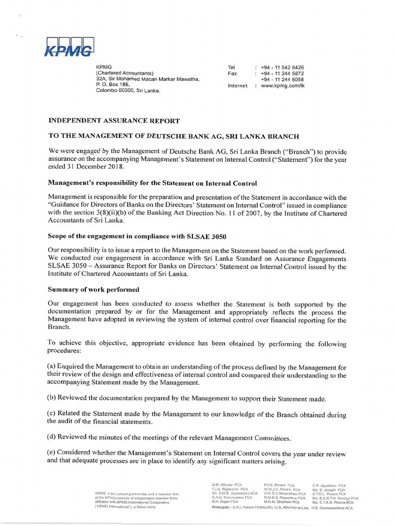 KPMG Certification On Internal Control 2018 | PDF