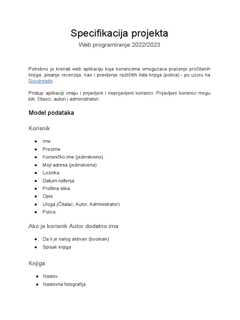 Specifikacija Projekta | PDF