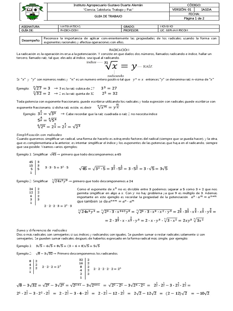 Guia 3 Radicacion 9° MAT | PDF | Raíz cuadrada | Exponenciación