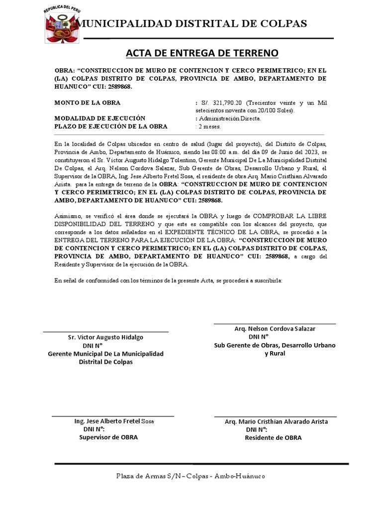 Acta de Entrega de Terreno en Colpas | PDF