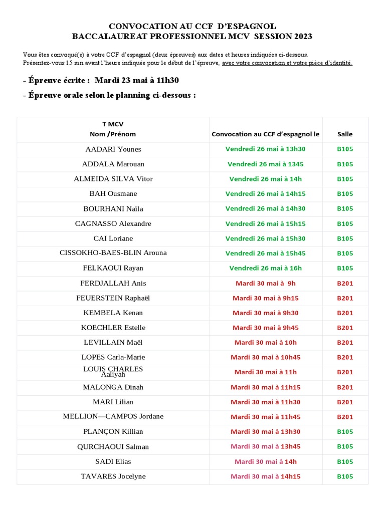 Convocation CCF Espagnol Bac Pro 2023 | PDF