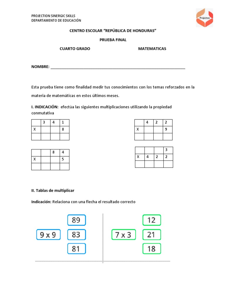 Prueba de Matematica Cuarto Grado | PDF
