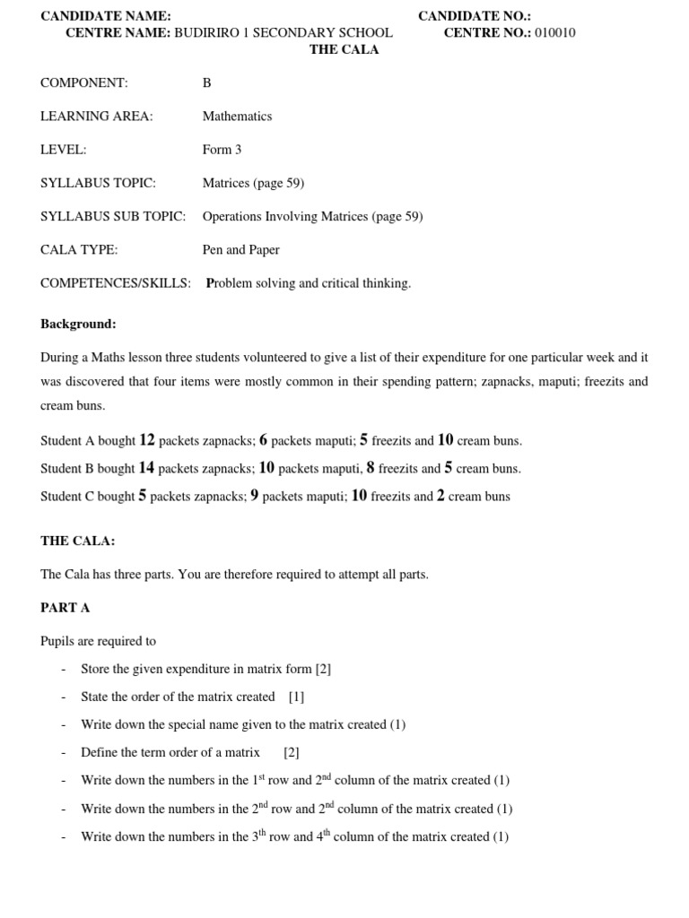 Maths F3 Cala Component B (Matrices) 14-06-23 by Mr. Zizhou Jr. | PDF | Matrix (Mathematics ...