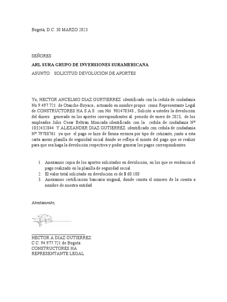 Carta Arl | PDF | Finanzas y dinero | Ciencias sociales