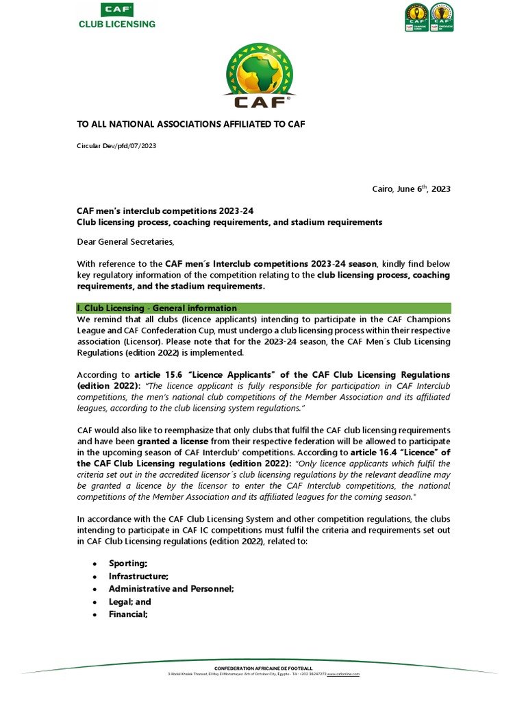 EN Circular Club Licensing - CAF Mens Interclub 2023 - 24 Season - 06 06 2023 | PDF