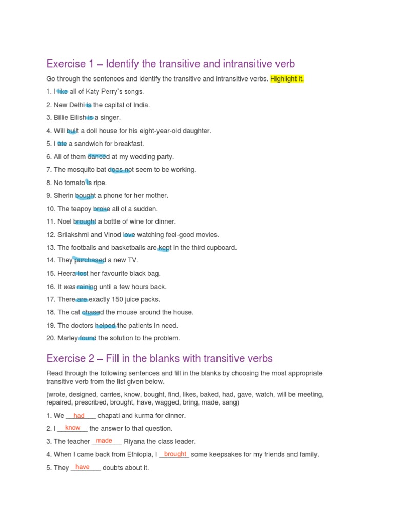 Exercises Transitive Intransitive Verbs | PDF