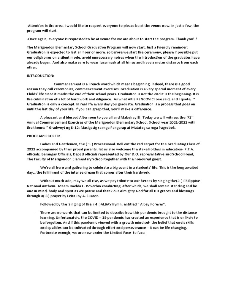 Emcee Script For The Graduation SY 2021-2022 | PDF