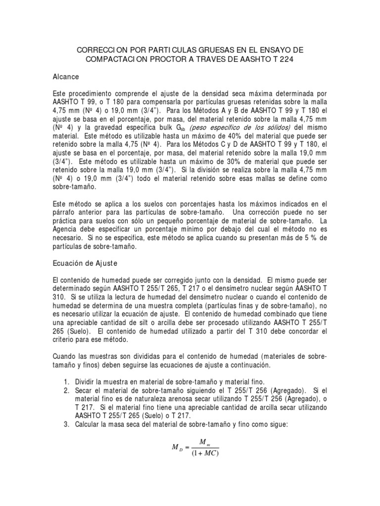 Correccion Densidad Proctor A Traves de AASHTO T 224 | PDF