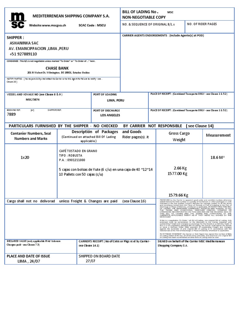 Bill of Lading | PDF | Cargo | Bill Of Lading
