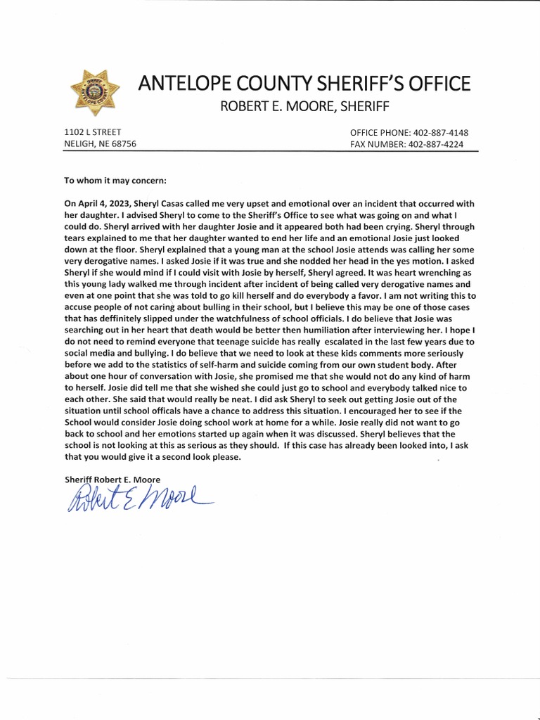 Sheriff's Letter on Bullying | PDF