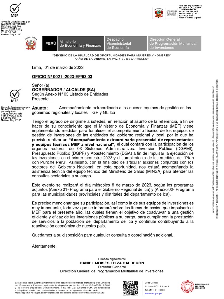 Oficio Circular 0021 2023 EF 63.03-f | PDF | Presupuesto | Perú