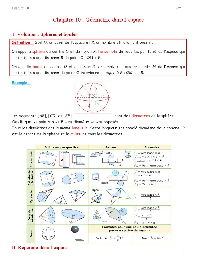 3 - Chapitre 10 Volume Et Géométrie Dans L'espace | PDF | Cercle | Sphère