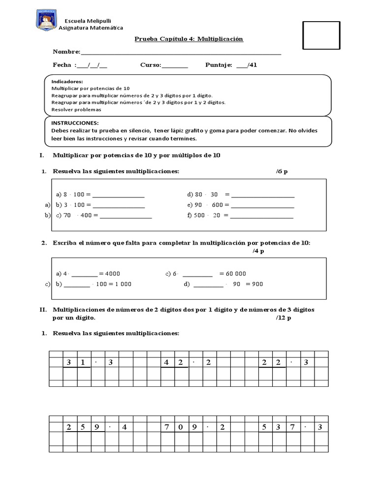 Prueba de Multiplicación Matemática 4 | PDF