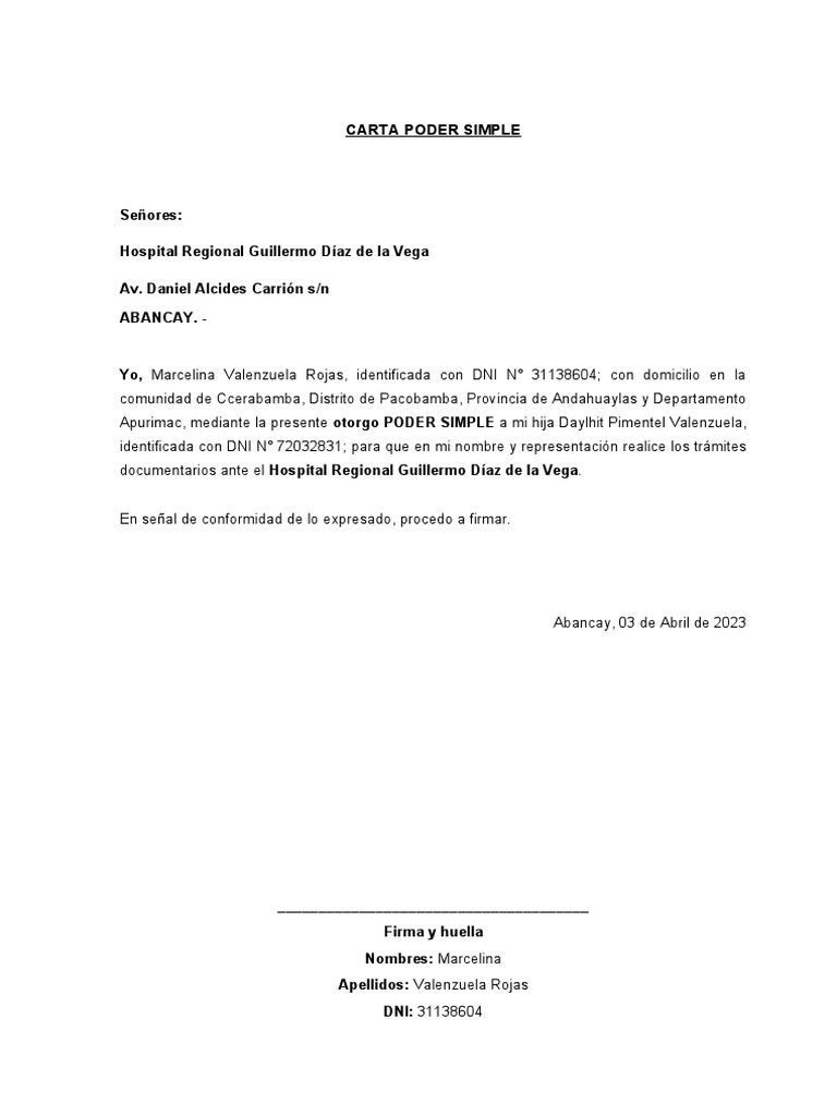 Formato de Carta Poder Simple.docx | PDF