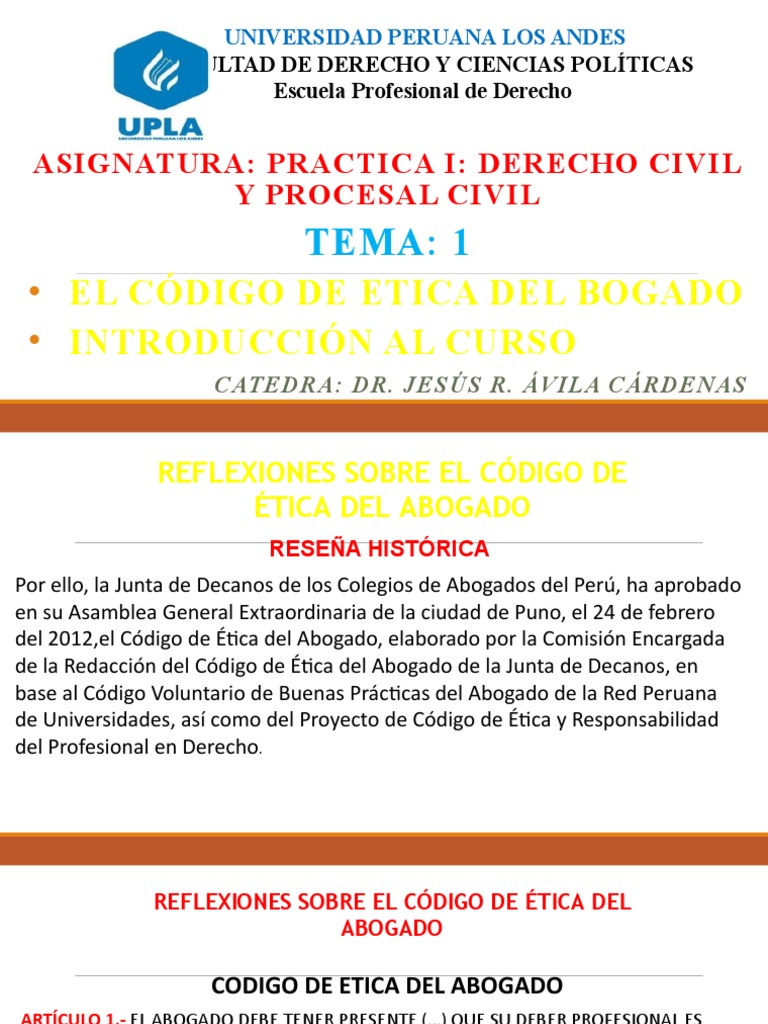 Tema 1, Código de Ética Del Abogado e Introducción Al Curso | PDF | Ley procesal | Derecho Civil ...