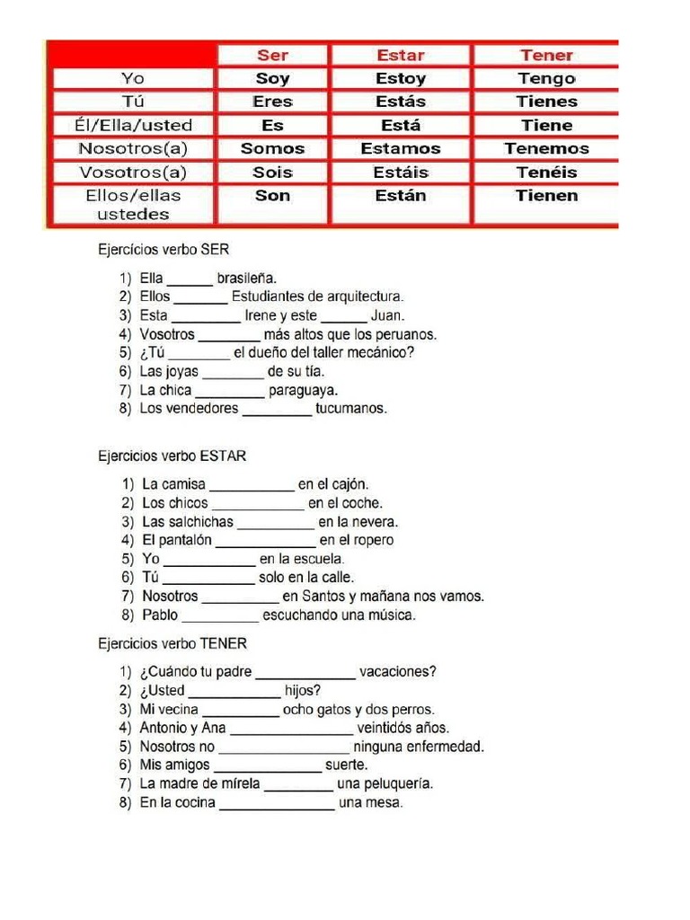 VERBO SER ESTAR TENER PRESENTE + EXERCICIO 23 | PDF