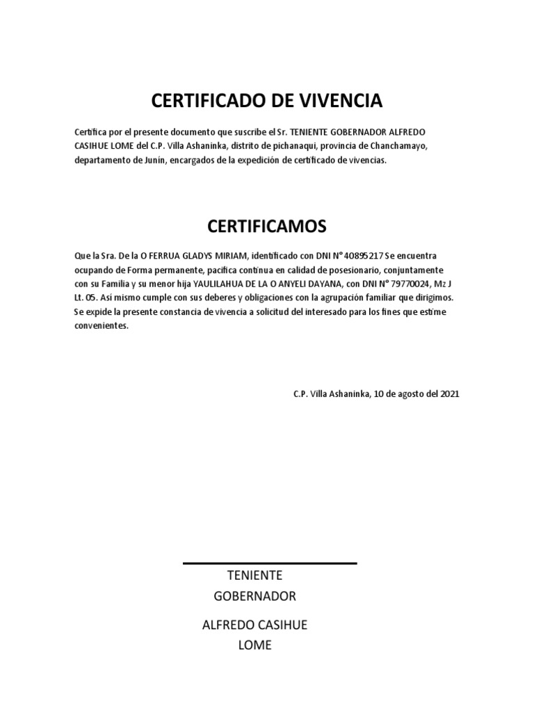 Certificado de Vivencia de La Mamá | PDF