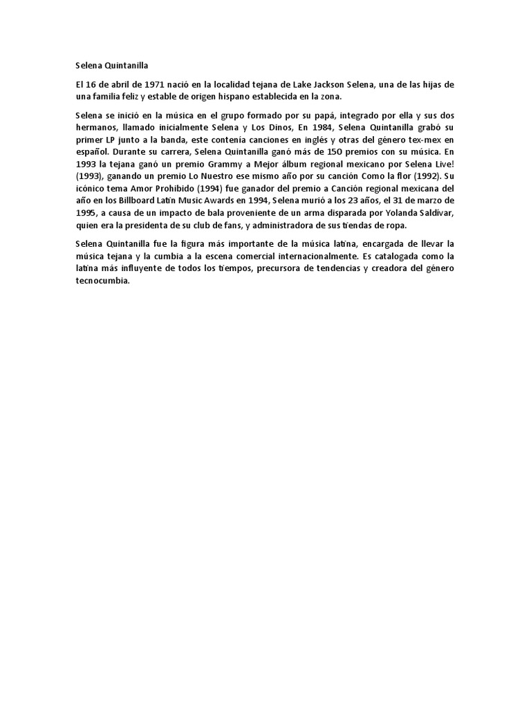 Biografía de Selena Quintanilla | PDF