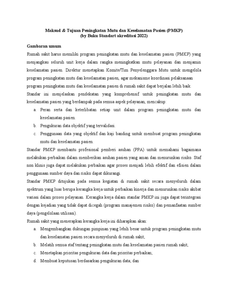 Maksud Dan Tujuan PMKP by Buku Standart Akreditasi 2022 | PDF