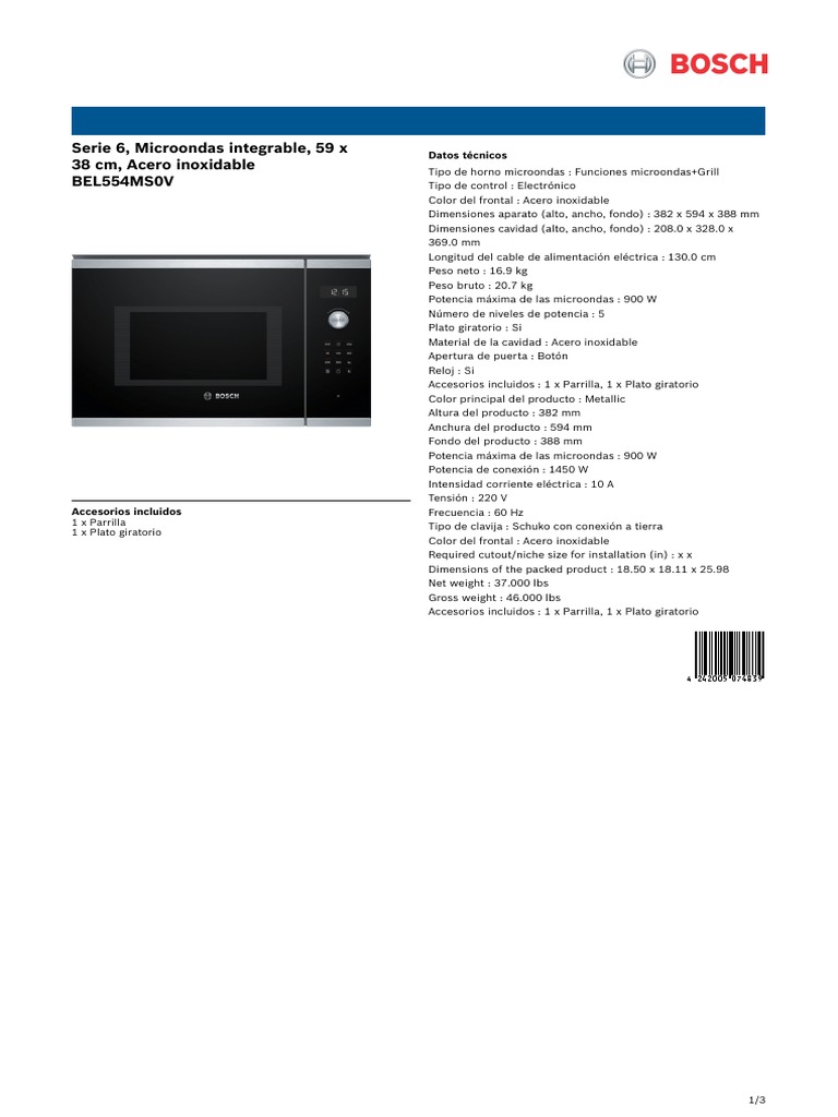 Ficha técnica Microondas BEL554MS0V | PDF | Microondas | Ingenieria ...