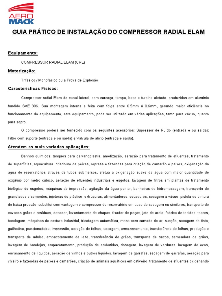 Guia Pratico de Instalaao Linha COMPRESSOR RADIAL | PDF | Motores | Águas residuais