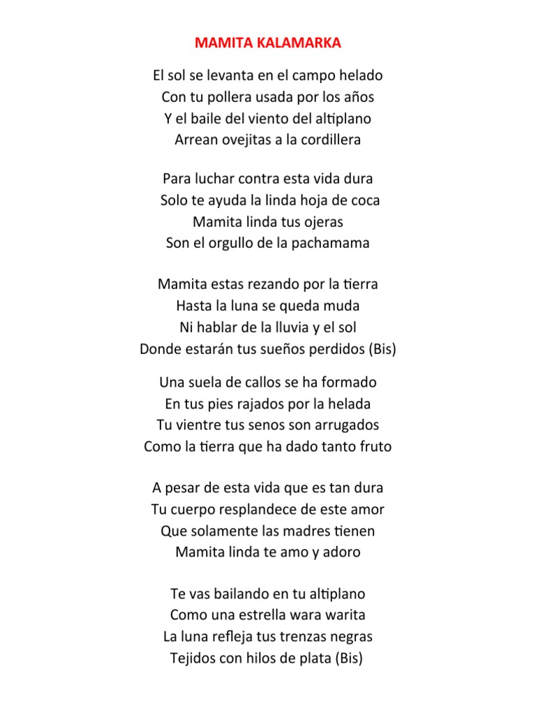 Letra de "Mamita Kalamarka" | PDF