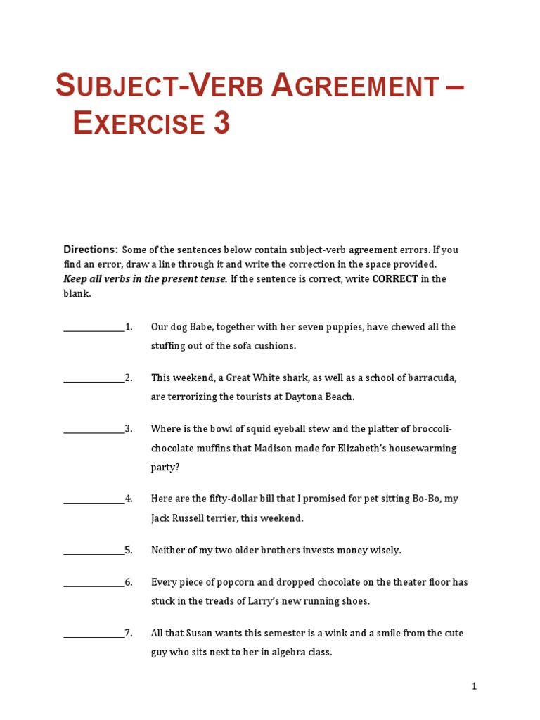 Subject Verb Agreement Exercise 3 | PDF