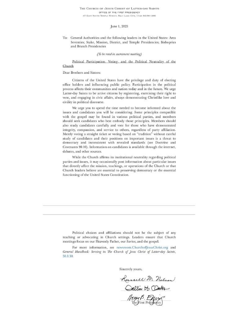 First Presidency Letter On Voting | PDF