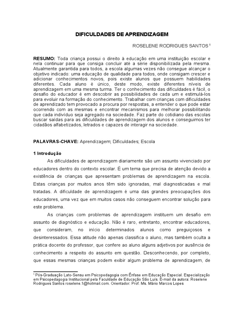 TCC - Roselene | PDF | Aprendizado | Dificuldade de aprendizagem