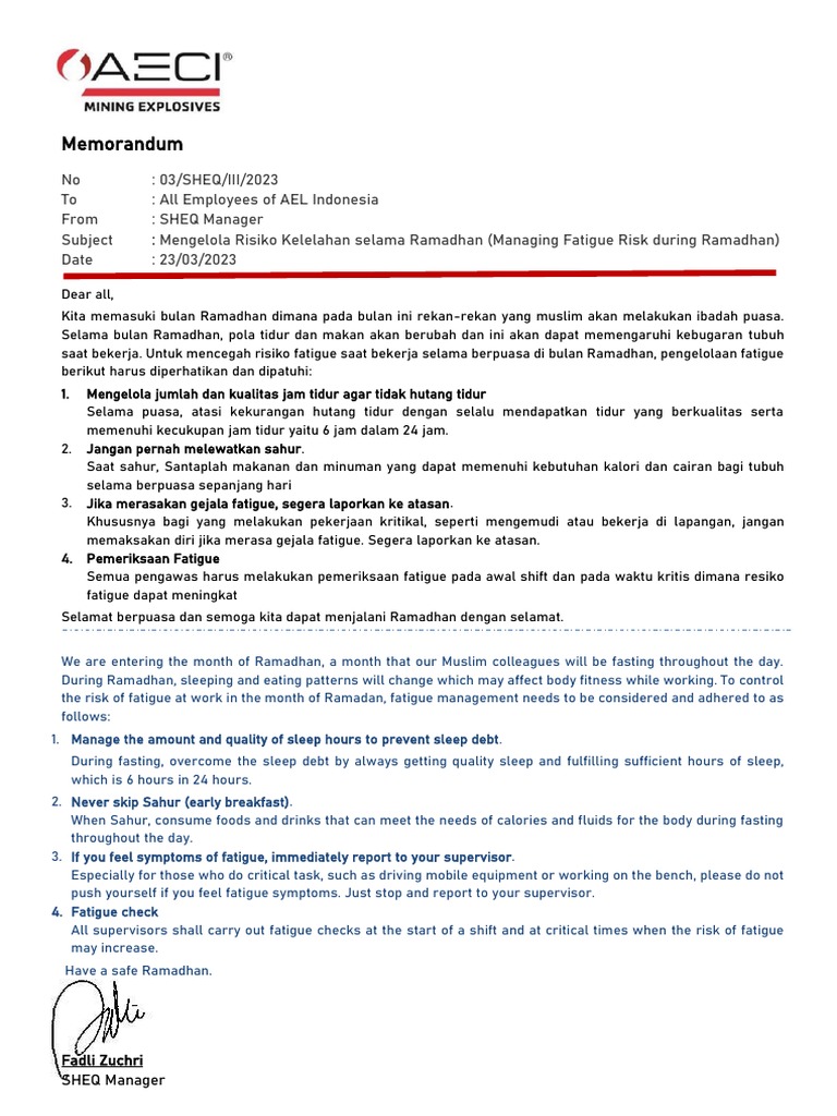 Safety Memo - Managing Fatigue Risk During Ramadhan | PDF