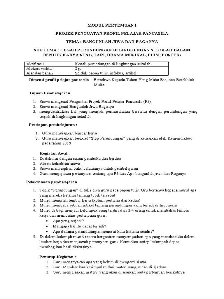 Modul P5 Pertemuan I Bangunlah Jiwa Dan Raganya | PDF