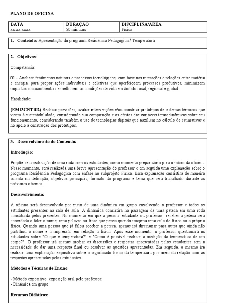 Plano de Oficina (Aula 01) | PDF | Física | Temperatura
