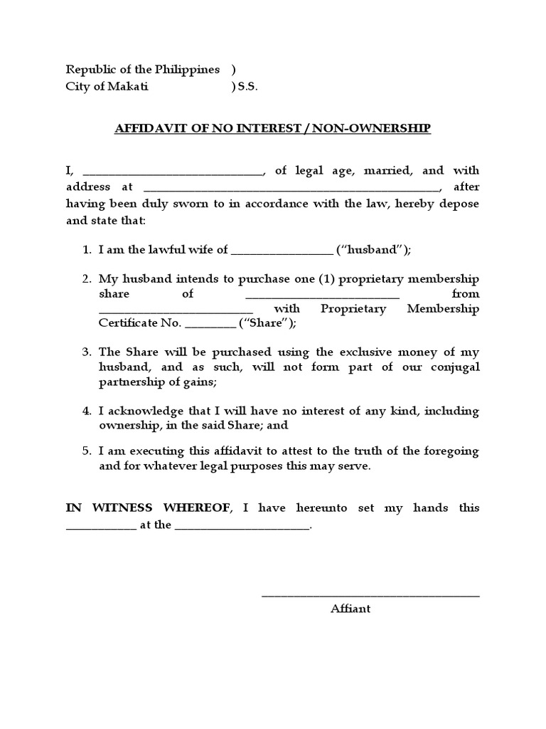 Affidavit of No Interest - Non-Ownership Template | PDF