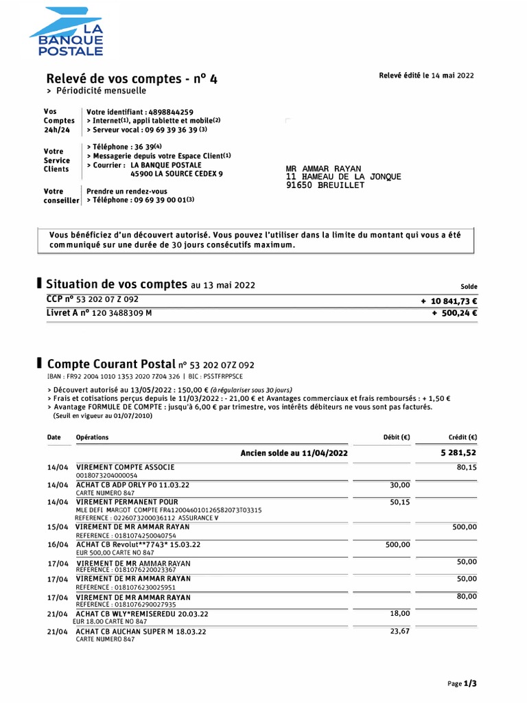 Relevé de Compte Banque Postale N°4 | PDF | Finance et gestion monétaire