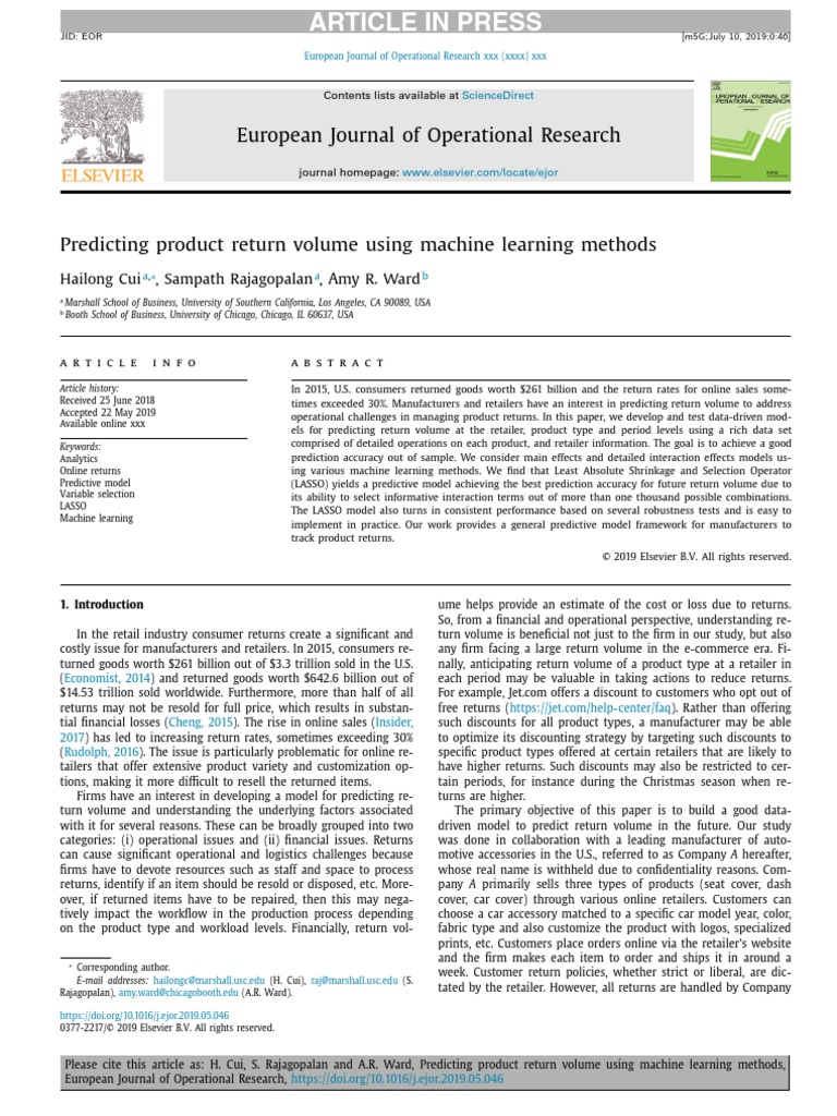 Cui, (2019) - Predicting Product Return Volume Using Machine Learning Methods. | PDF
