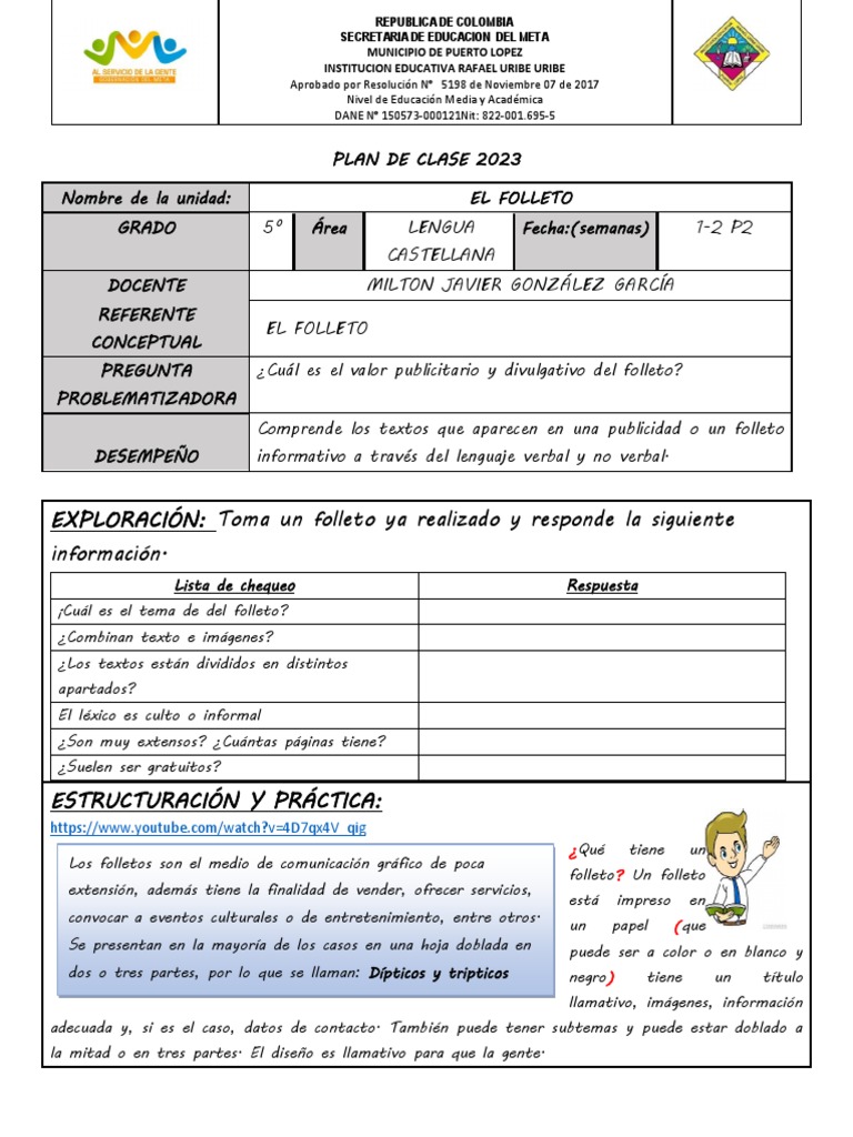 Plan de Clase El Folleto 2023 | PDF