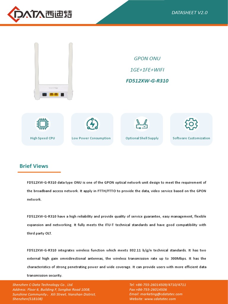 FD512XW G R310 1GE1FEWIFI GPON ONU Datasheet V2.0 | Download Free PDF | Computer Network | Wide ...