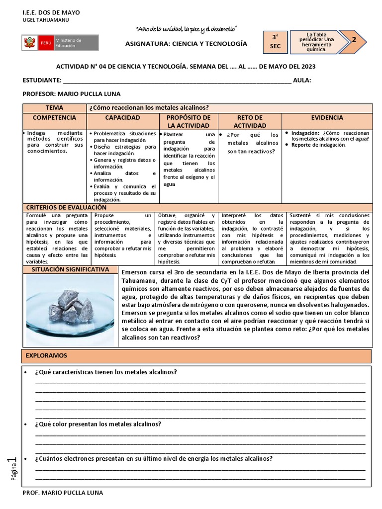 3° SEC. EDA 2 SEMANA 4 Indaga CYT 2023 Cómo Reaccionan Los Metales Alcalinos | PDF