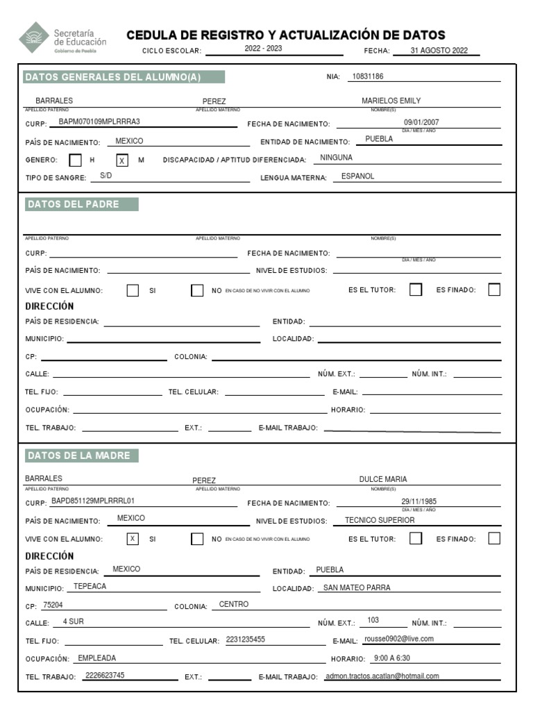 Cedularegistroactualizaciondatosalumno Mily | PDF