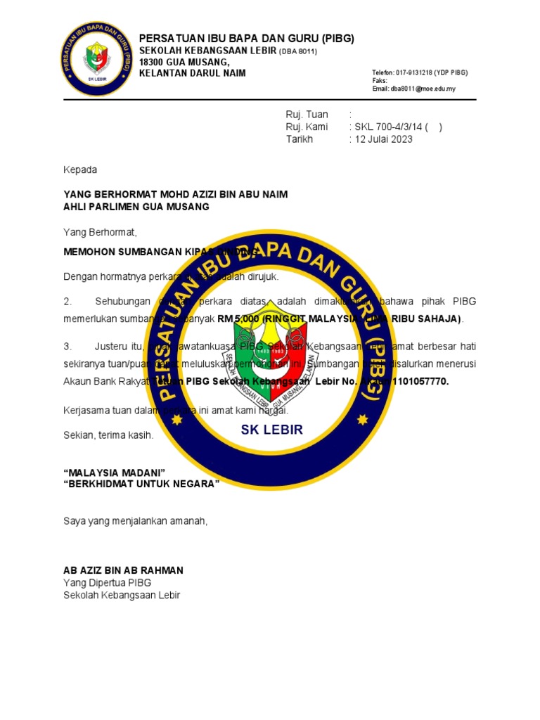 SURAT MOHON SUMBANGAN PIBG (2023) - Copy | PDF