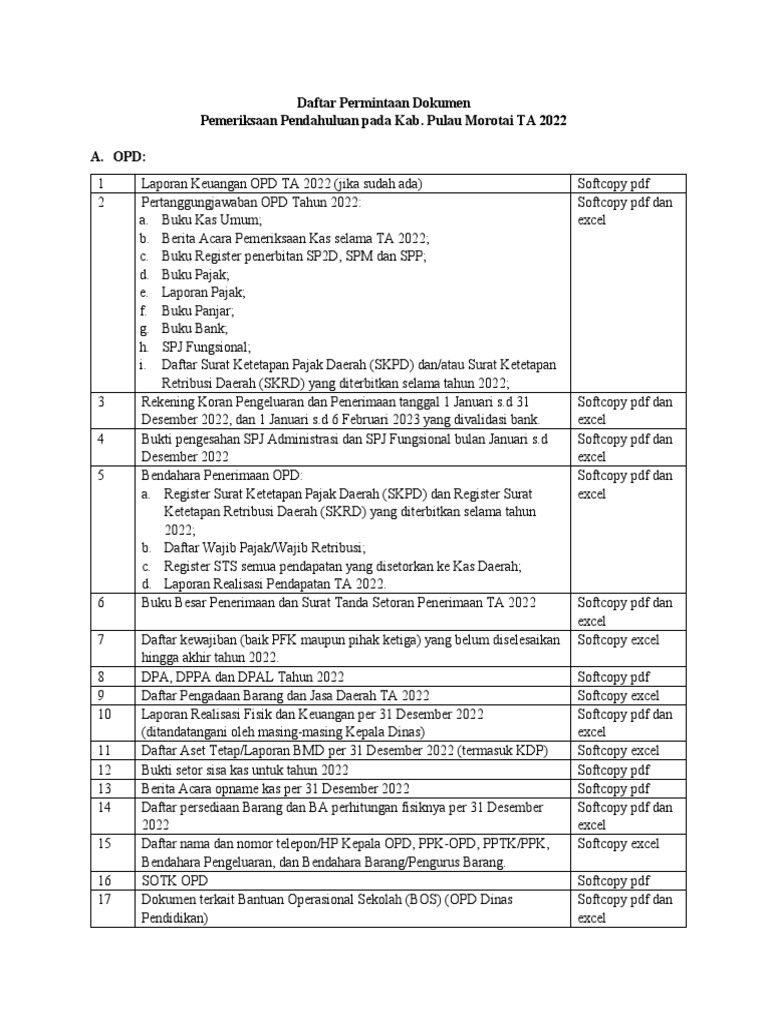 BPK - Daftar Permintaan Dokumen OPD | PDF