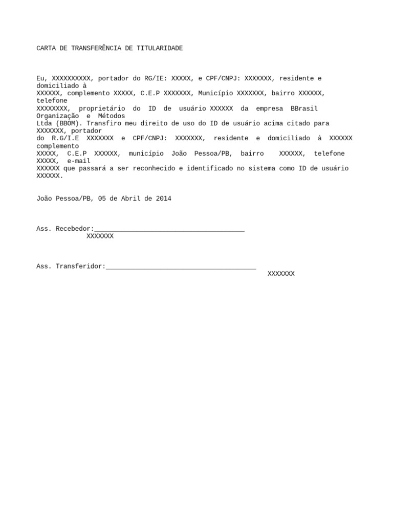 Modelo de Carta de Transferencia de Titularidade | PDF