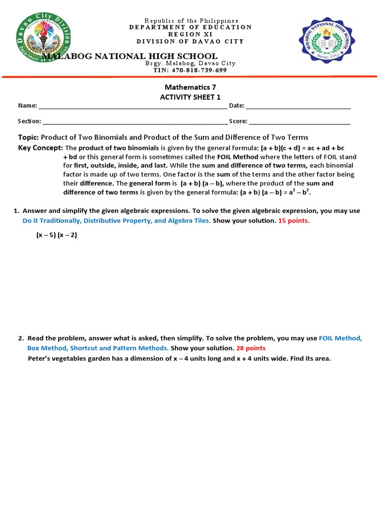 Math 7 Activity Sheet 1 | PDF