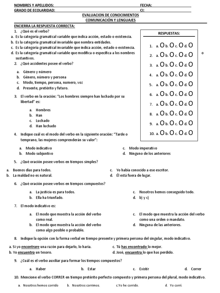 Evaluación de Verbos y Modos Verbales | PDF | Verbo | Morfología ...