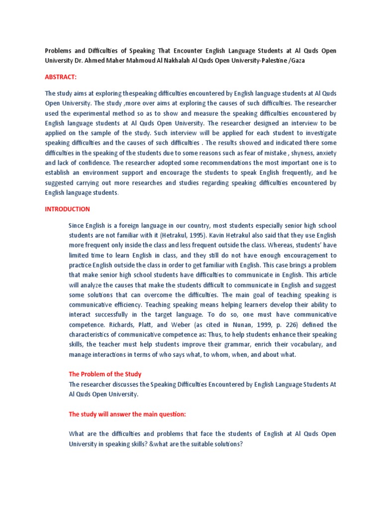 Problems and Difficulties of Speaking That Encounter English Language ...