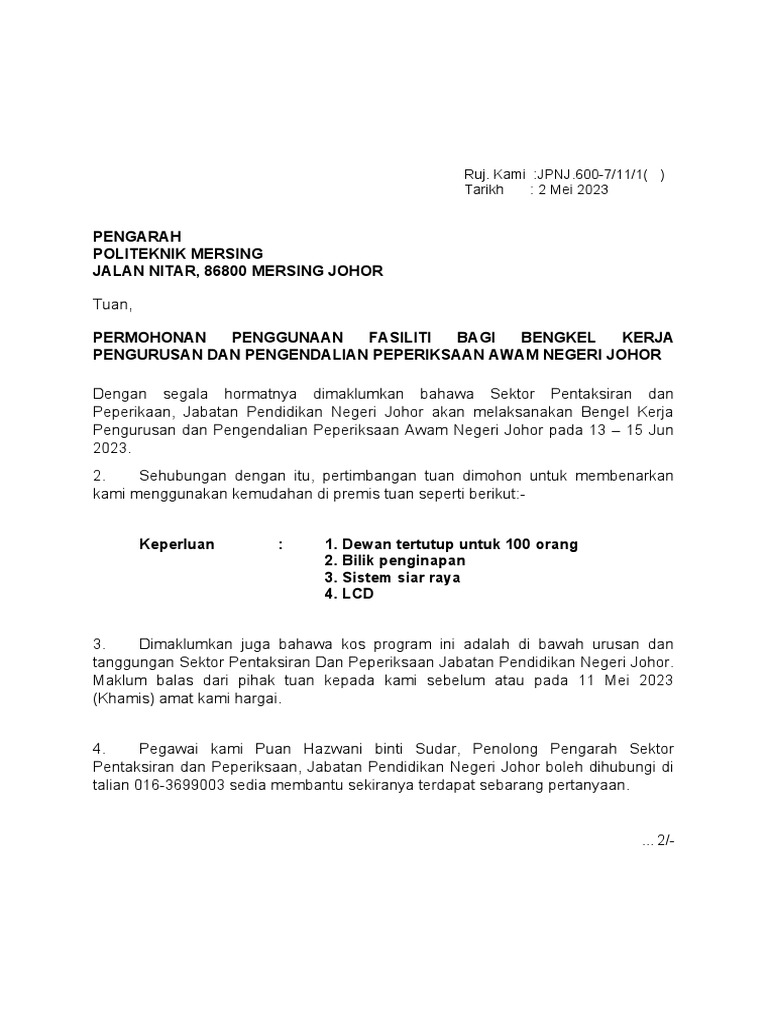 Surat Permohonan Fasiliti | PDF