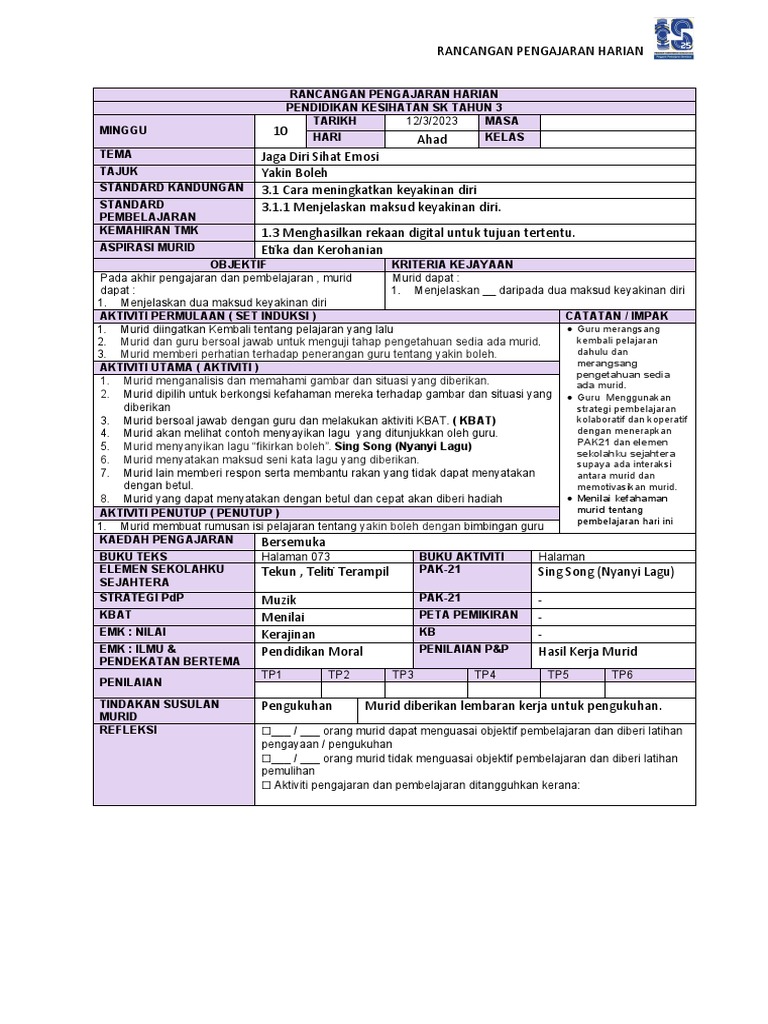 RPH Minggu 10 Pendidikan Kesihatan THN 3 | PDF