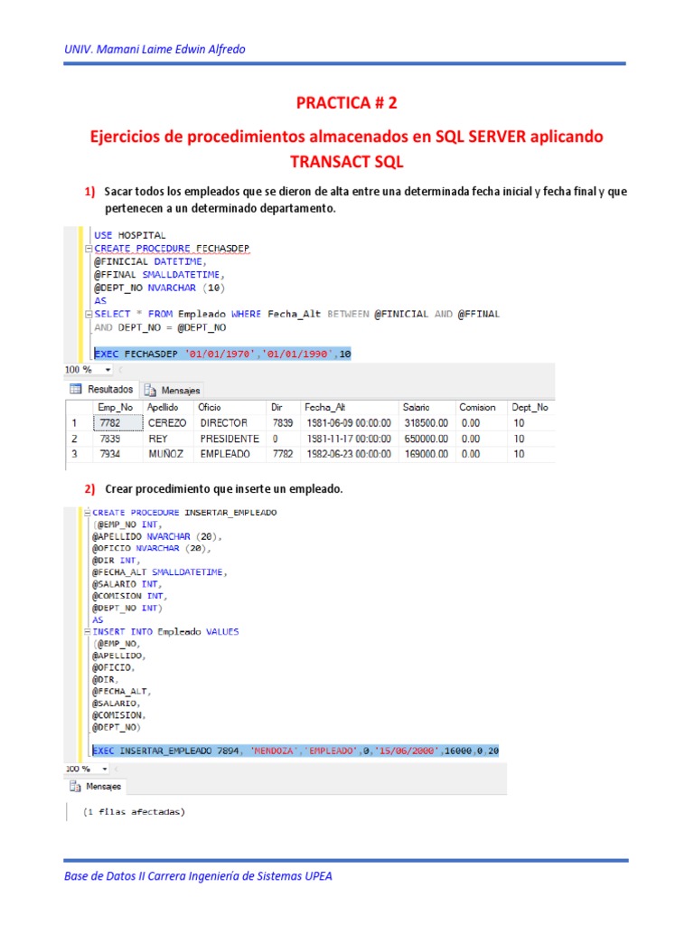 Ejercicios SQL: Procedimientos Almacenados | PDF | Finanzas y dinero