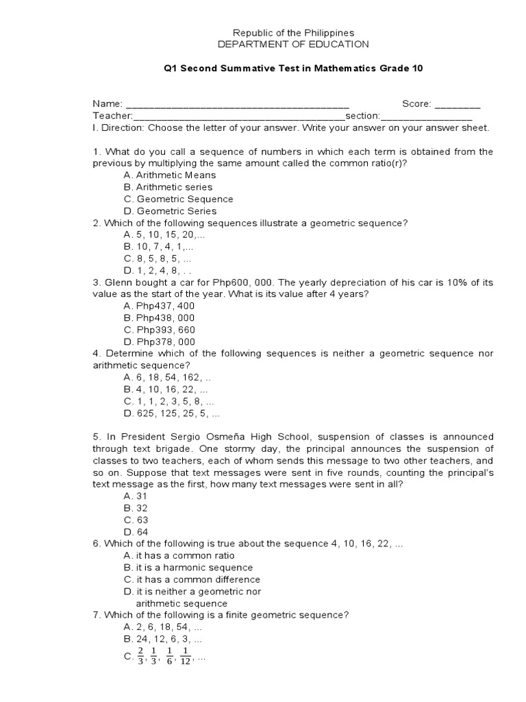 Math 10 Summative Test Quarter 1.2. - 25items | PDF | Function ...