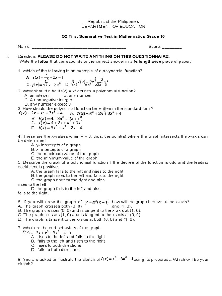 Grade 10 Math Q2 Summative Test | PDF | Function (Mathematics) | Polynomial